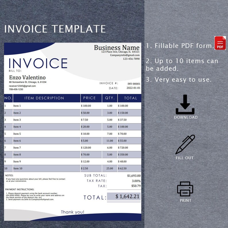 Professional Invoice Template - Blue & Light Grey 2.0 - Etsy