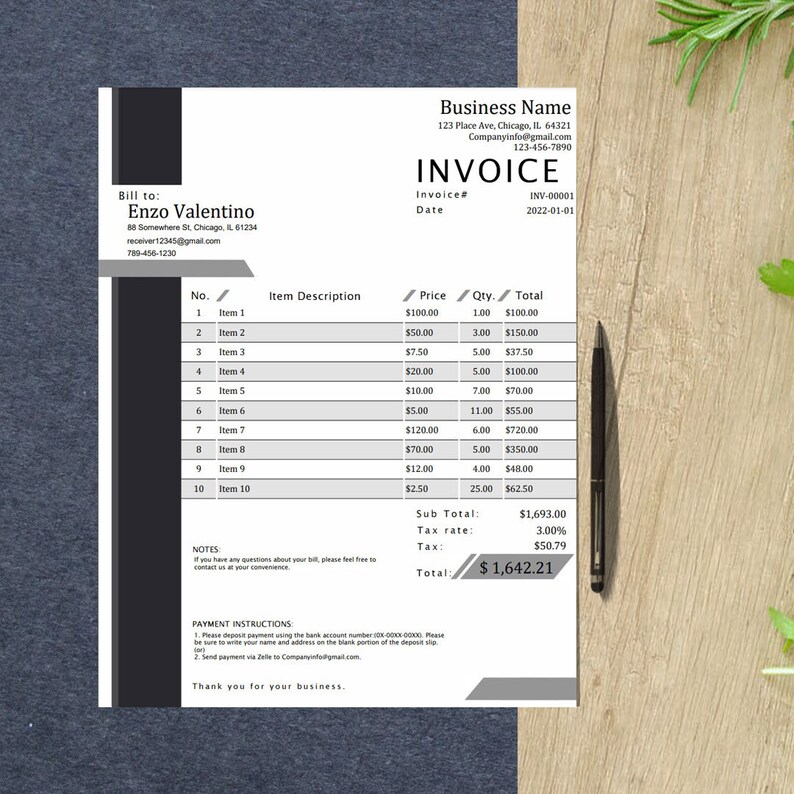 Professional Invoice Template - Black and Gray - Etsy