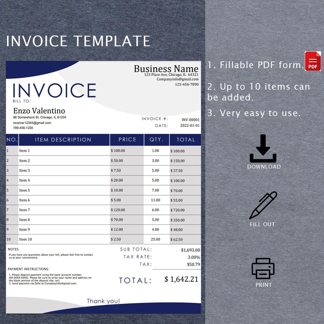 Professional Invoice Template - Blue & Light Grey - Etsy