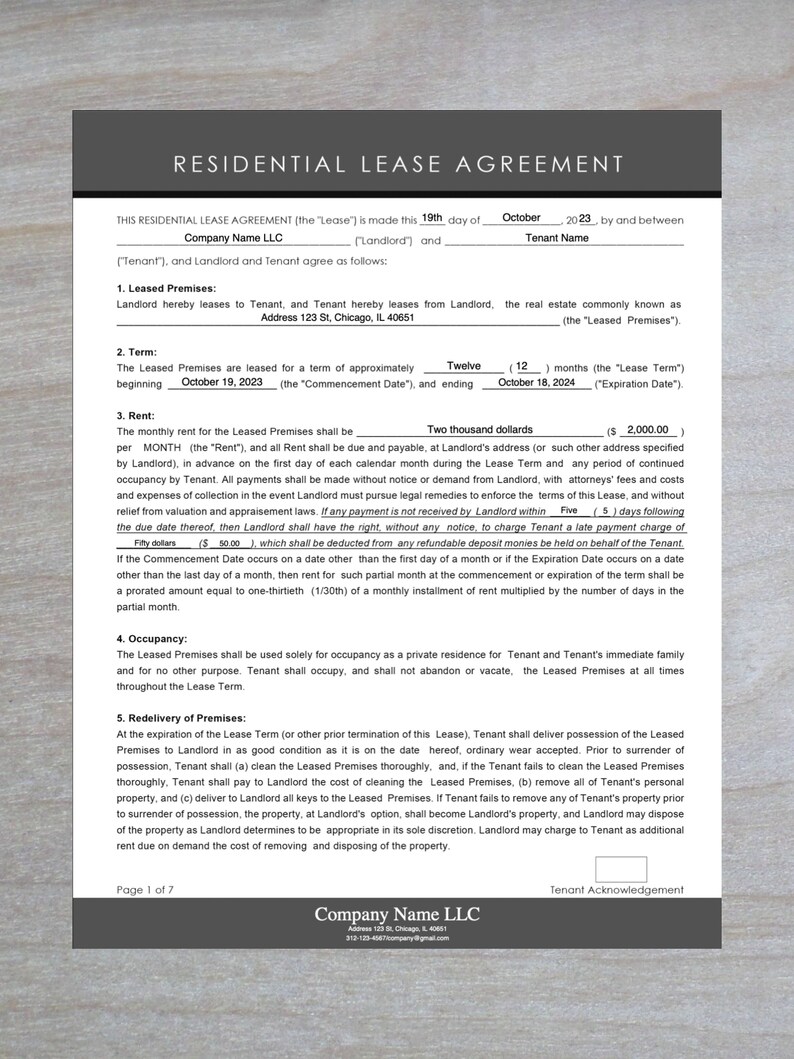 Residential Lease Fillable Form - Etsy