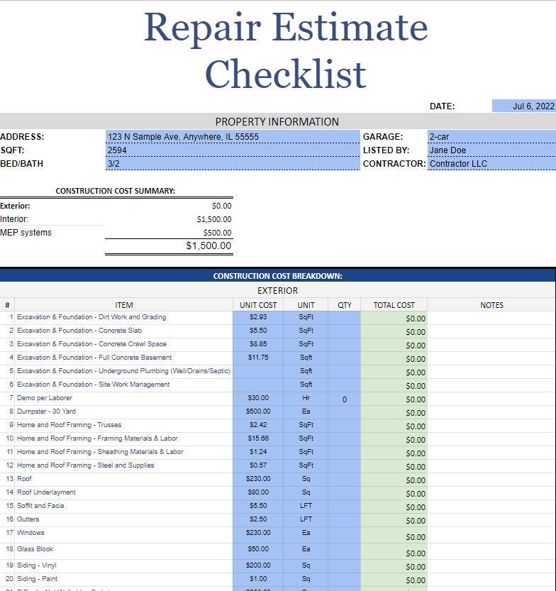 Repair Estimate Checklist - Etsy