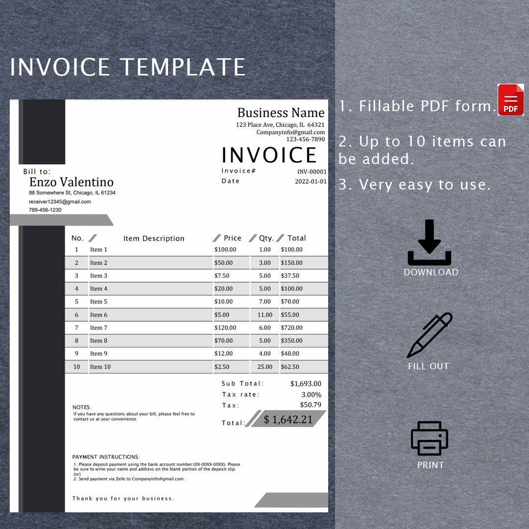 Professional Invoice Template - Black and Gray - Etsy