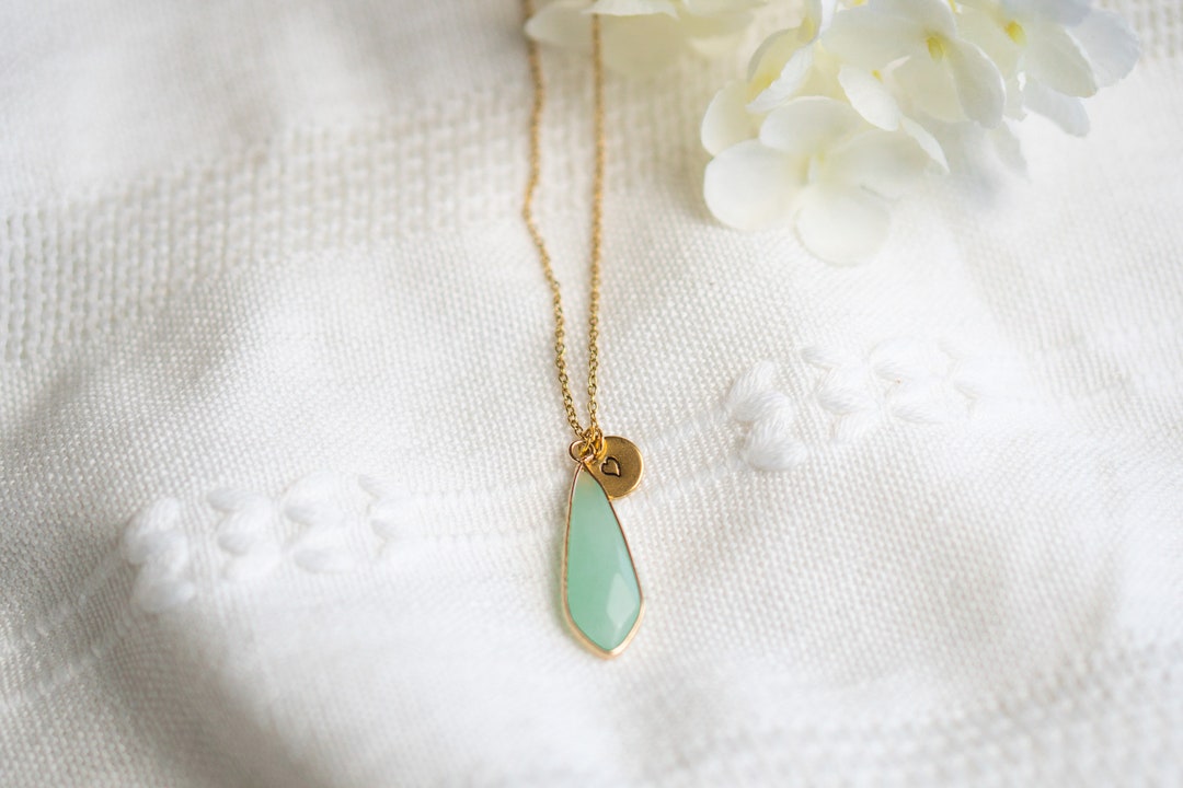 Green Jade Drop Necklace: Personalized Gemstone Pendant, Gold Plated ...