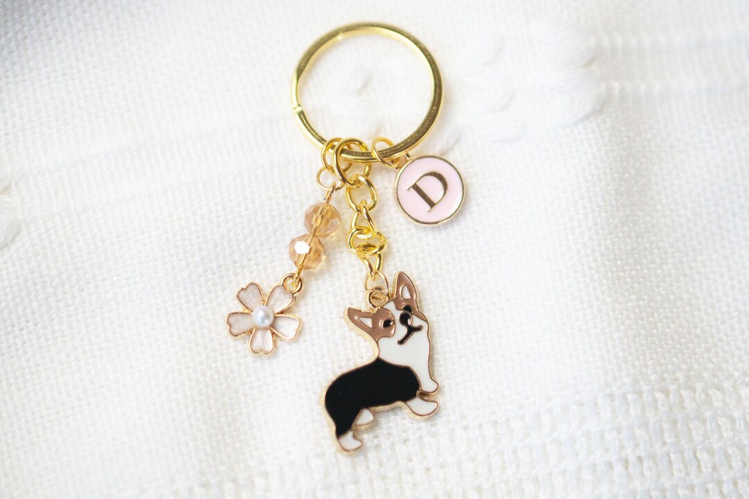 Black Corgi Keychain, Personalized Keyring, Corgi Jewelry, Flower Charm ...