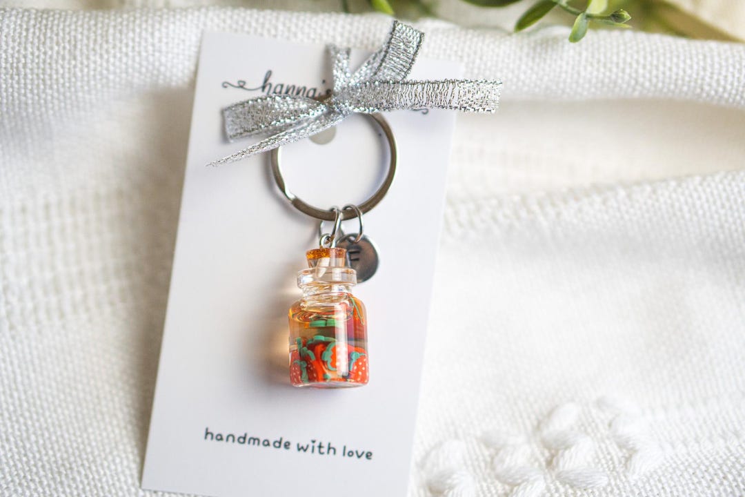 Strawberry Jar Keychain: Personalized Initial Charm, Fruit Keyring - Etsy
