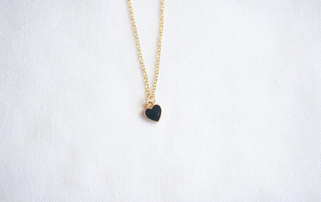 Mini Black Heart Charm Gold Necklace, Minimalist Small Tiny Black Heart ...