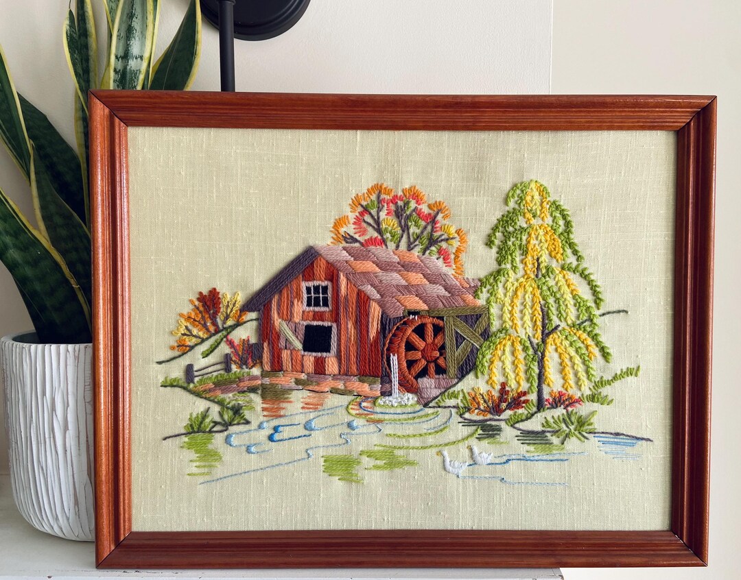 Vintage Crewel Embroidery Lee Wards old Mill Stream Finished Framed ...