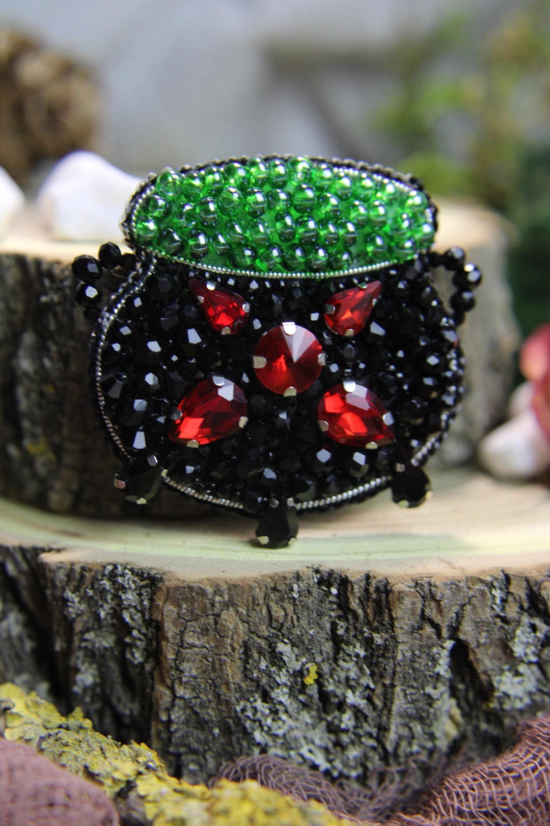 Beaded Witches Cauldron Brooch: Czech Glass Crystals, Leather Back - Etsy