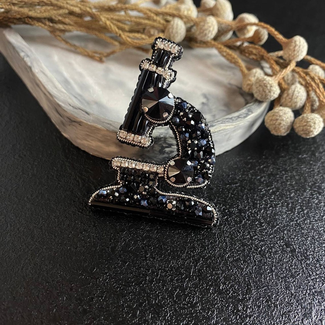 Embroidered Microscope Brooch: Beaded Leather Science Gift - Etsy