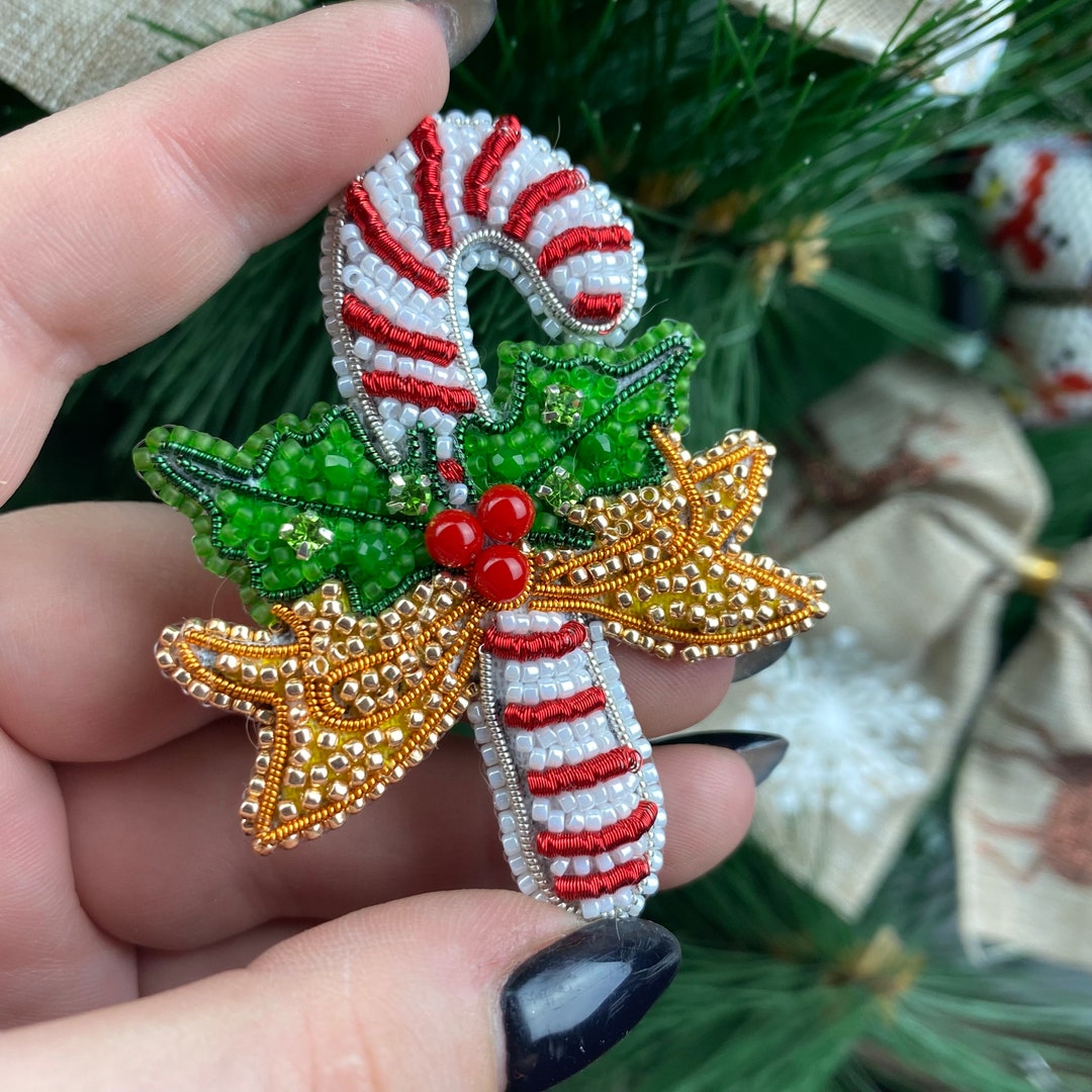 Candy Cane Brooch, Winter Brooch, Christmas Brooch, Holly Brooch ...