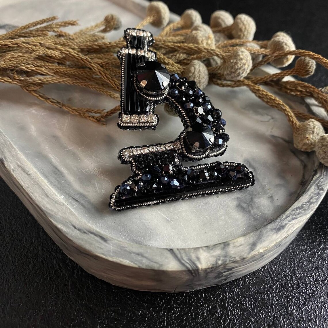 Embroidered Microscope Brooch: Beaded Leather Science Gift - Etsy