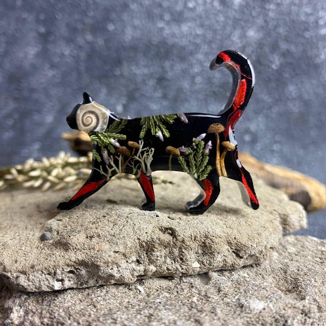 Cat & Mushroom Epoxy Resin Brooch: Naturecore Jewelry - Etsy