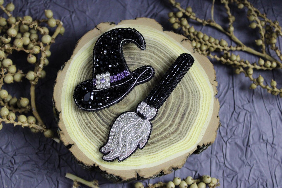 Handmade Witch Hat & Broom Brooch Set: Halloween Rhinestone Jewelry - Etsy