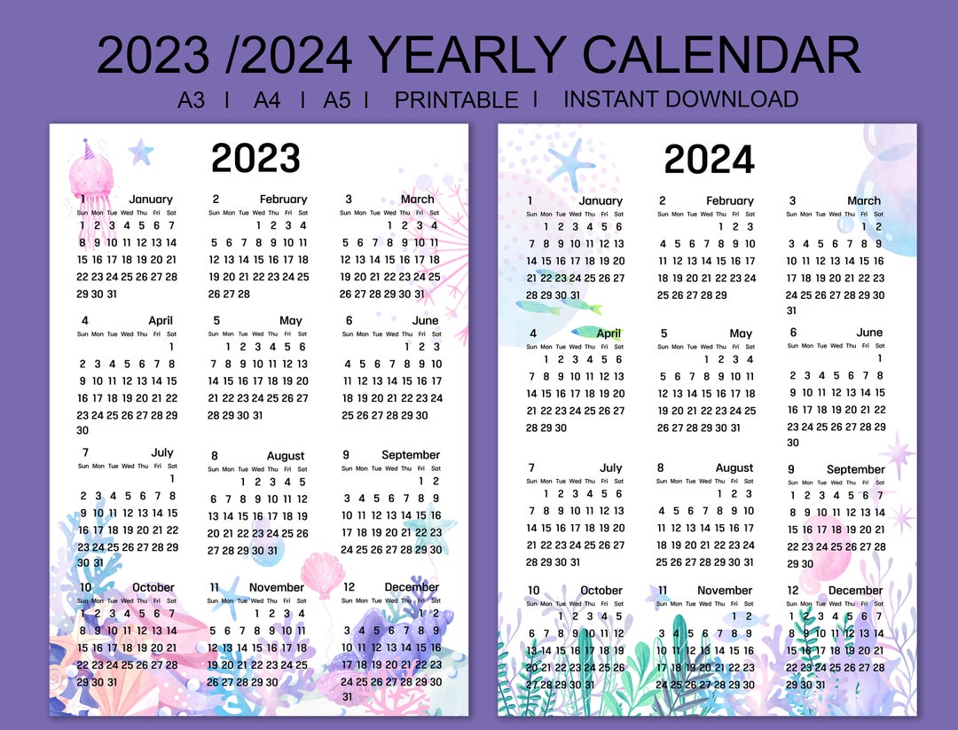 2023 Yearly Calendar Printable, 2023 Yearly Calendar, Year at a Glance ...