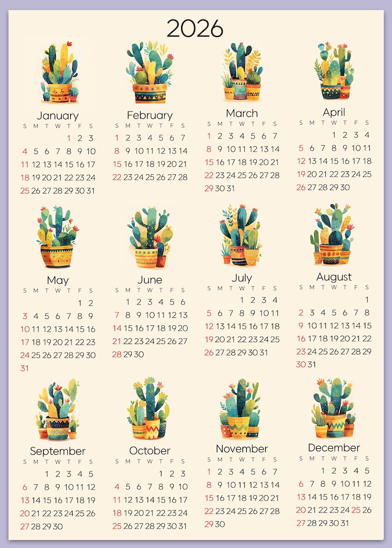 2026 Cactus Calendar Set | Printable Boho Planner (digital Download) - Etsy