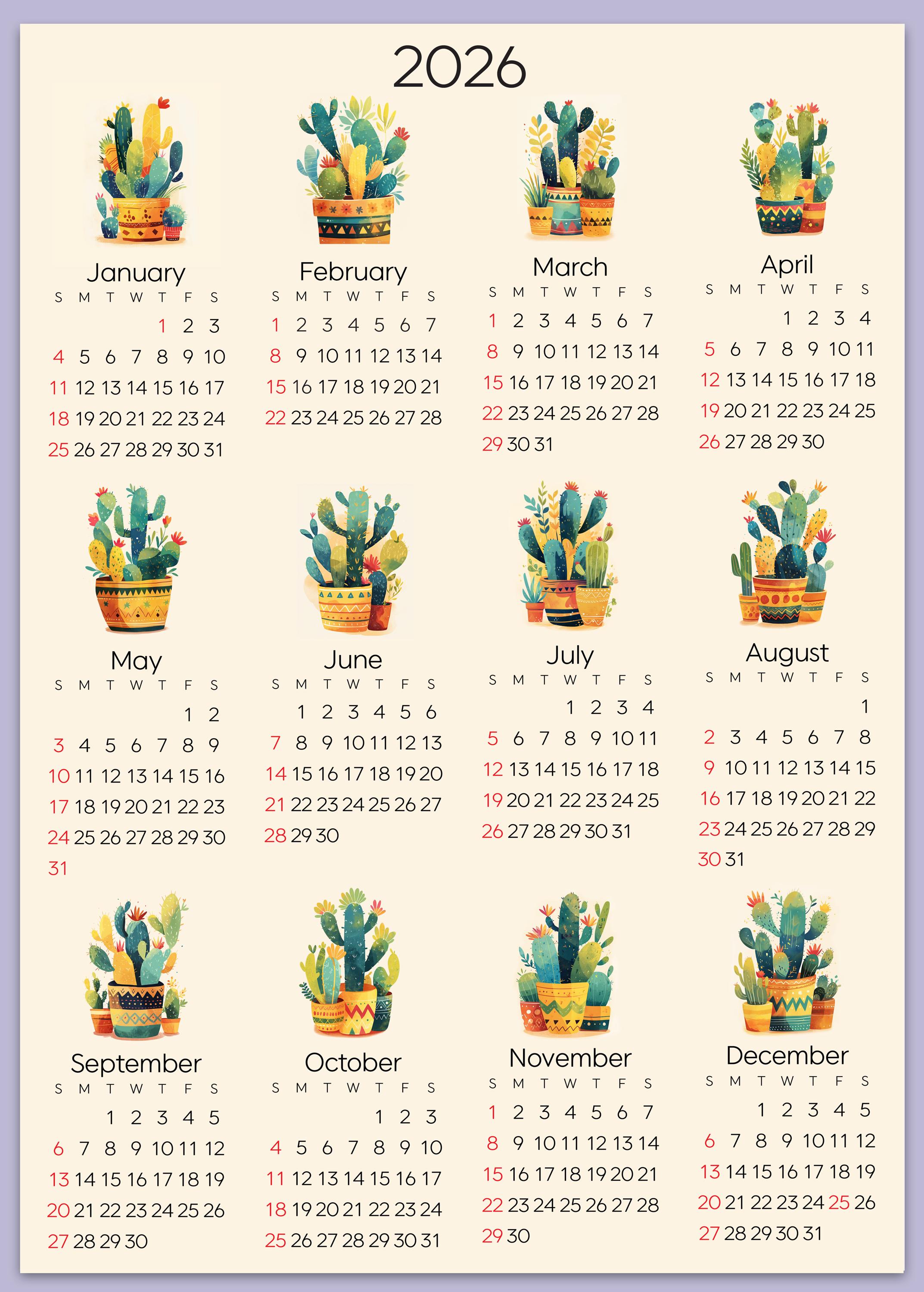 2026 Cactus Calendar Set | Printable Boho Planner (digital Download) - Etsy