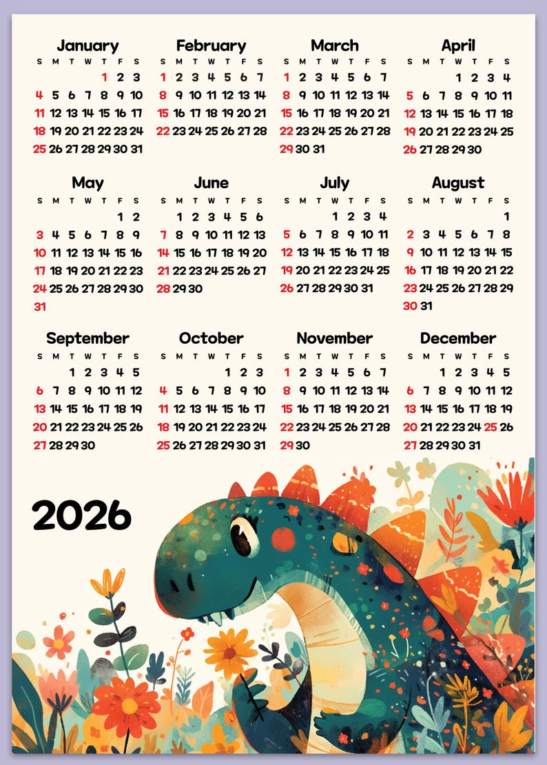 Dinosaur Calendar 2026-2027 | Kids Nursery Decor (digital) | Wall Art ...