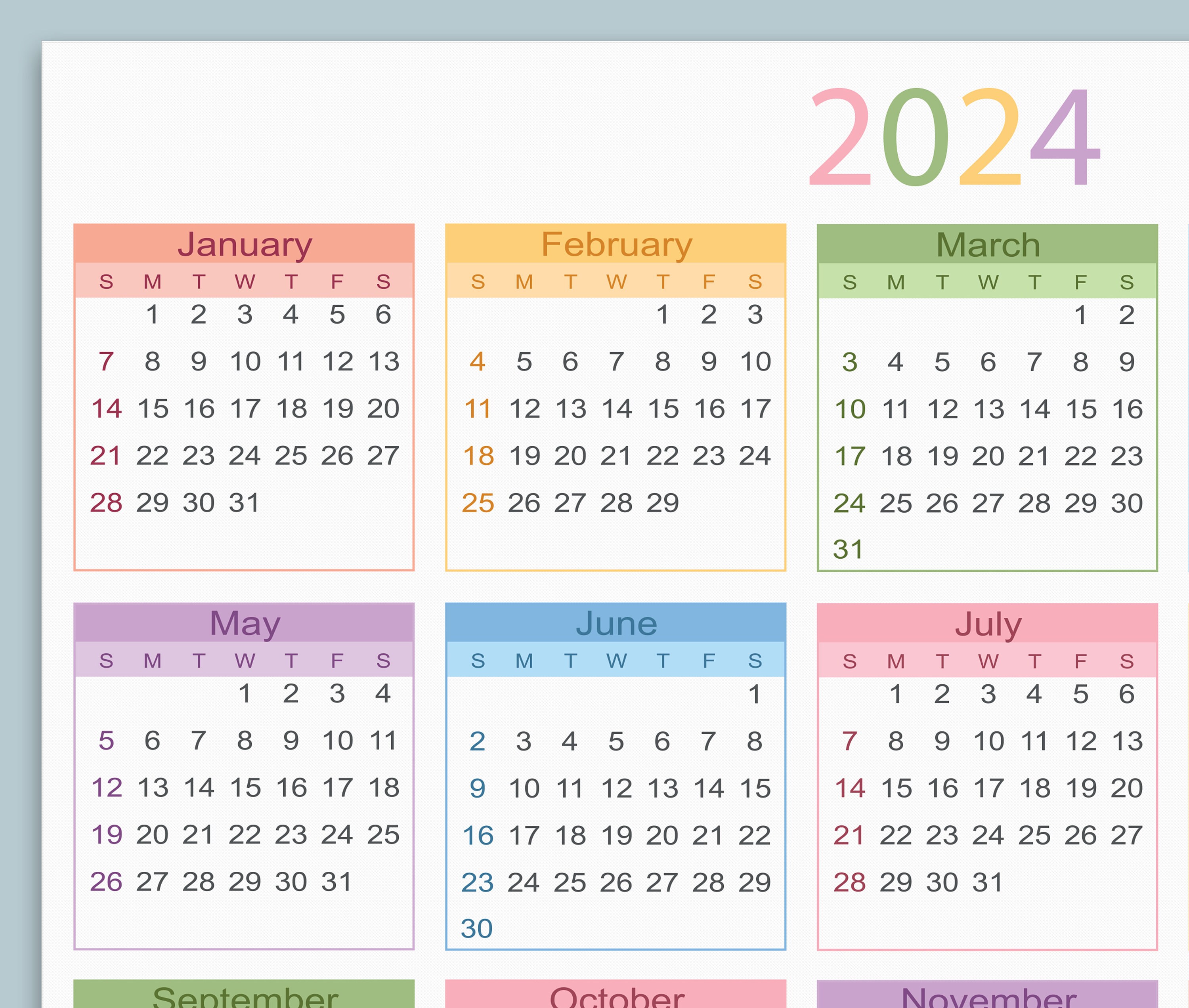 2024 Calendar Printable, Yearly Calendar,one Page Calendar, Year at a ...