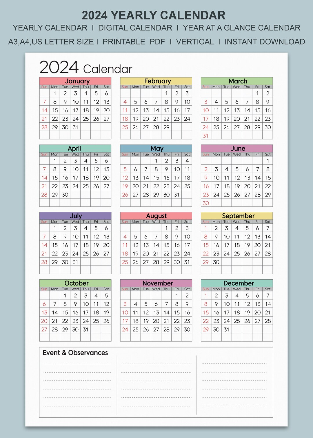 2024 Yearly Calendar,year at a Glance Calendar, Digital Printable ...