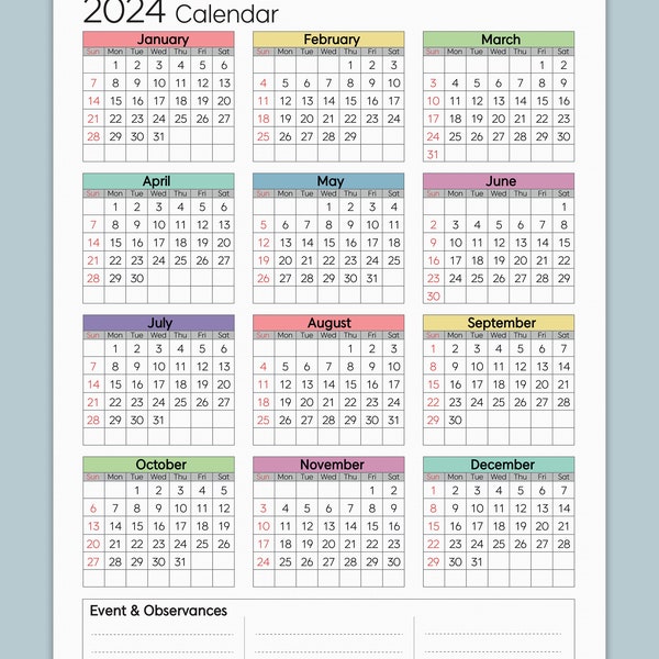 Yearly Calendar - Etsy Yearly Calendar - Etsy
