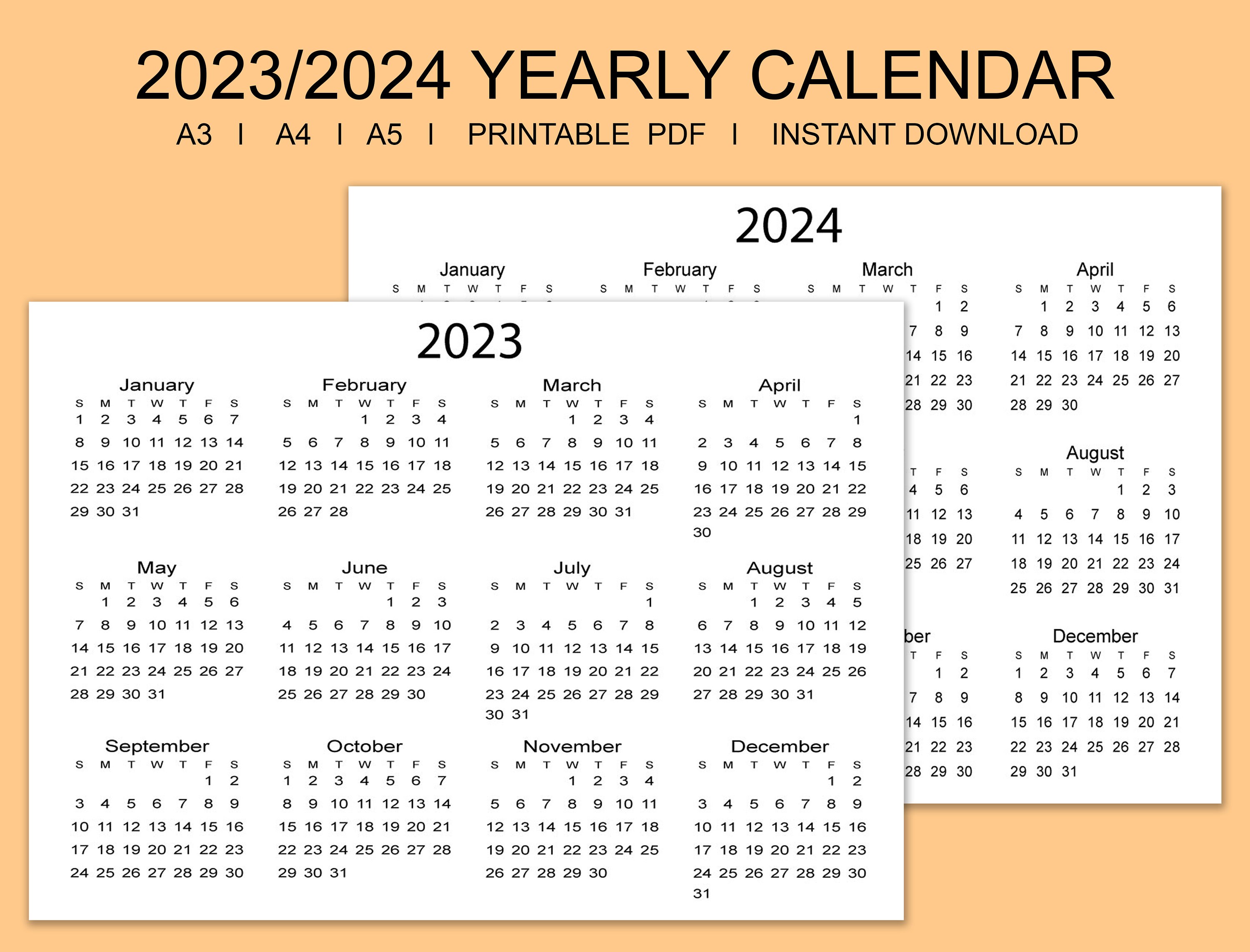 2023 Calendar Printable, 2023 Yearly Calendar, Year at a Glance ...