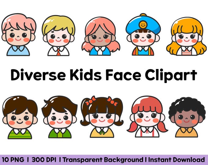 Set of Cartoon Multiethnic Children Faces Png Clipart. Smiling Kids ...
