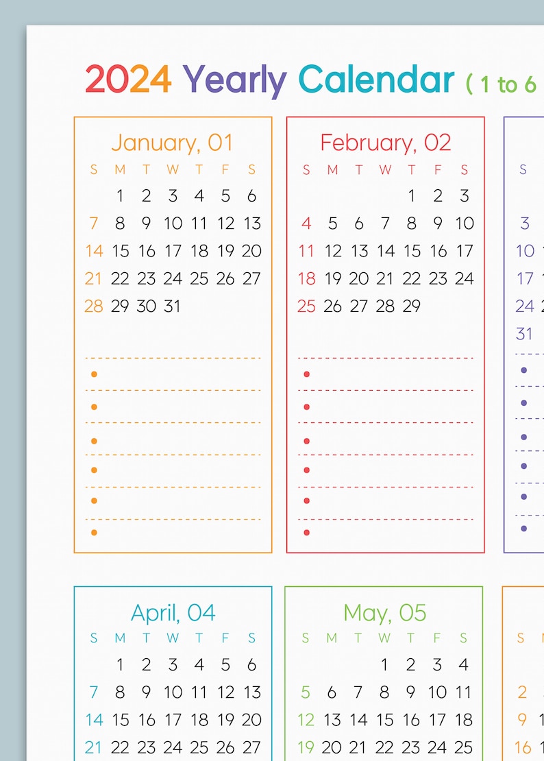 Half Yearly Calendar, 2024yearly Planner Printable,2024 Yearly Calendar ...