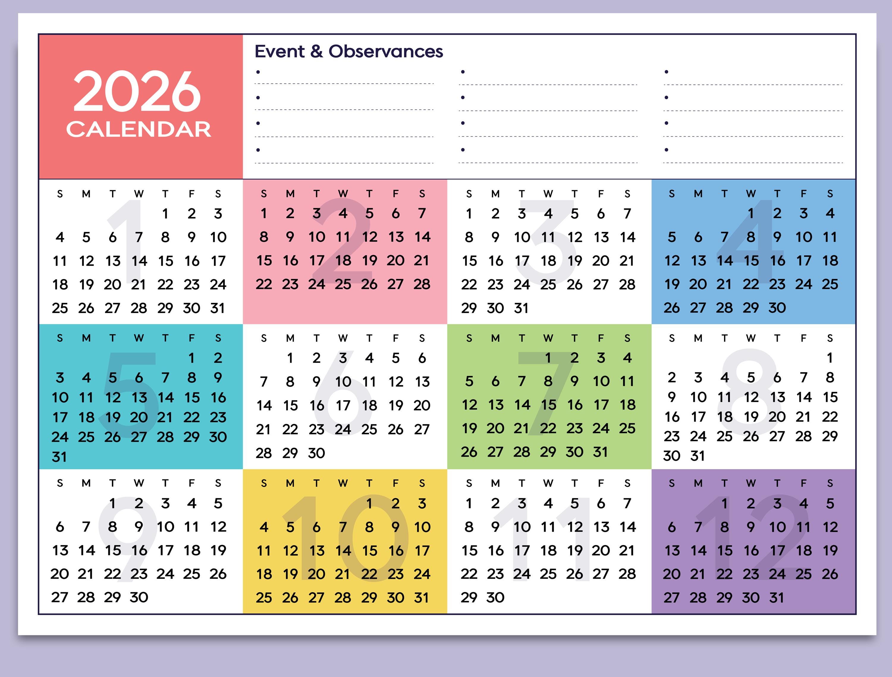 Colorful 2026-2027 Calendar – Printable Year At-a-glance (PDF Download ...