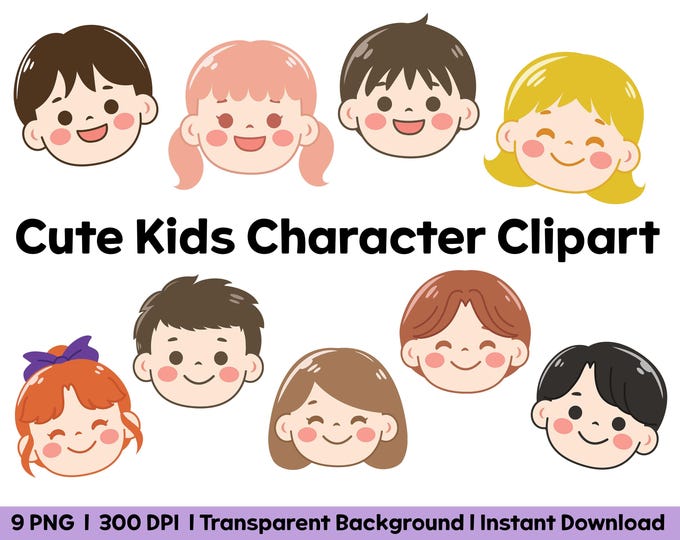 Set of Cartoon Multiethnic Children Faces Png Clipart. Smiling Kids ...