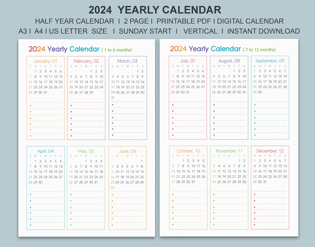 Half Yearly Calendar, 2024yearly Planner Printable,2024 Yearly Calendar ...