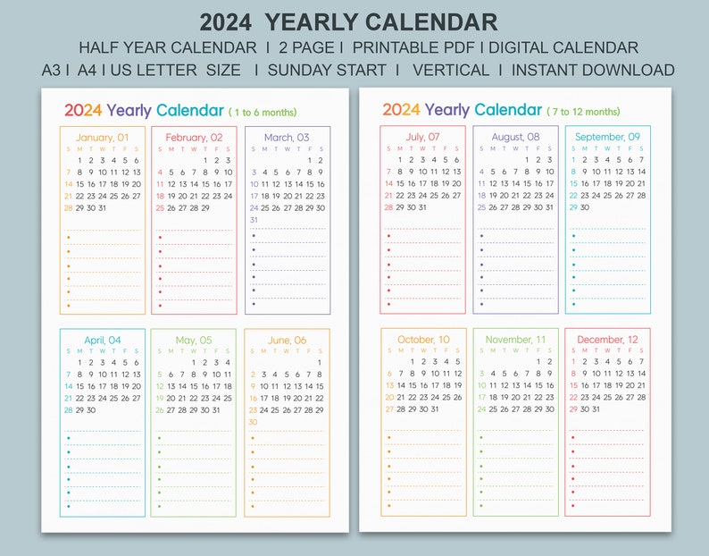 Half Yearly Calendar, 2024yearly Planner Printable,2024 Yearly Calendar ...