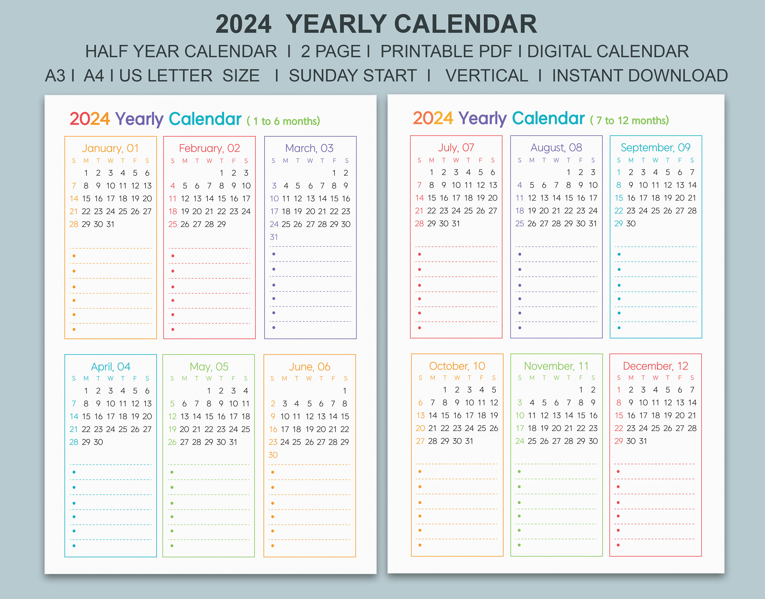 Half Yearly Calendar, 2024yearly Planner Printable,2024 Yearly Calendar ...