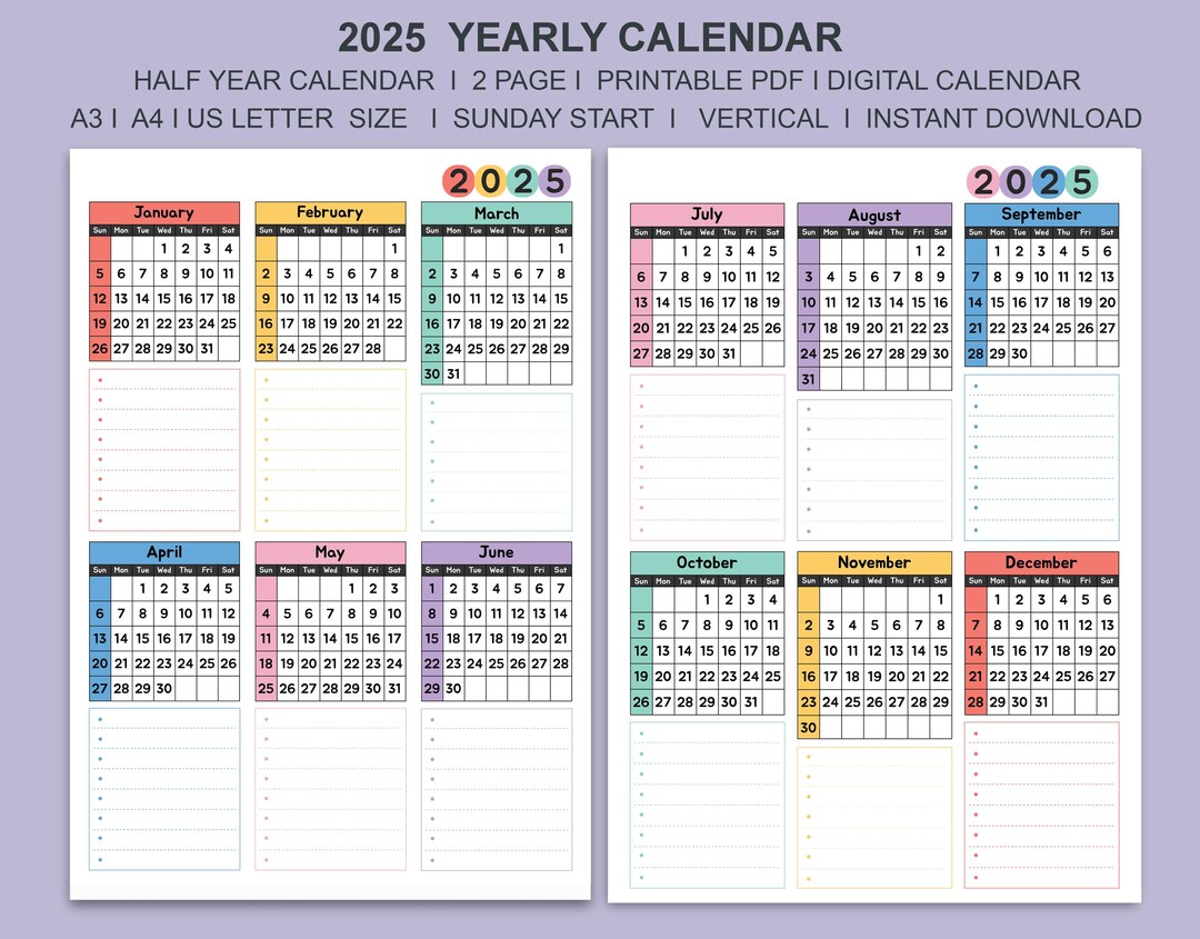 2025 Half Yearly Calendar, Half Calendar, 2 Page, Digital Printable ...