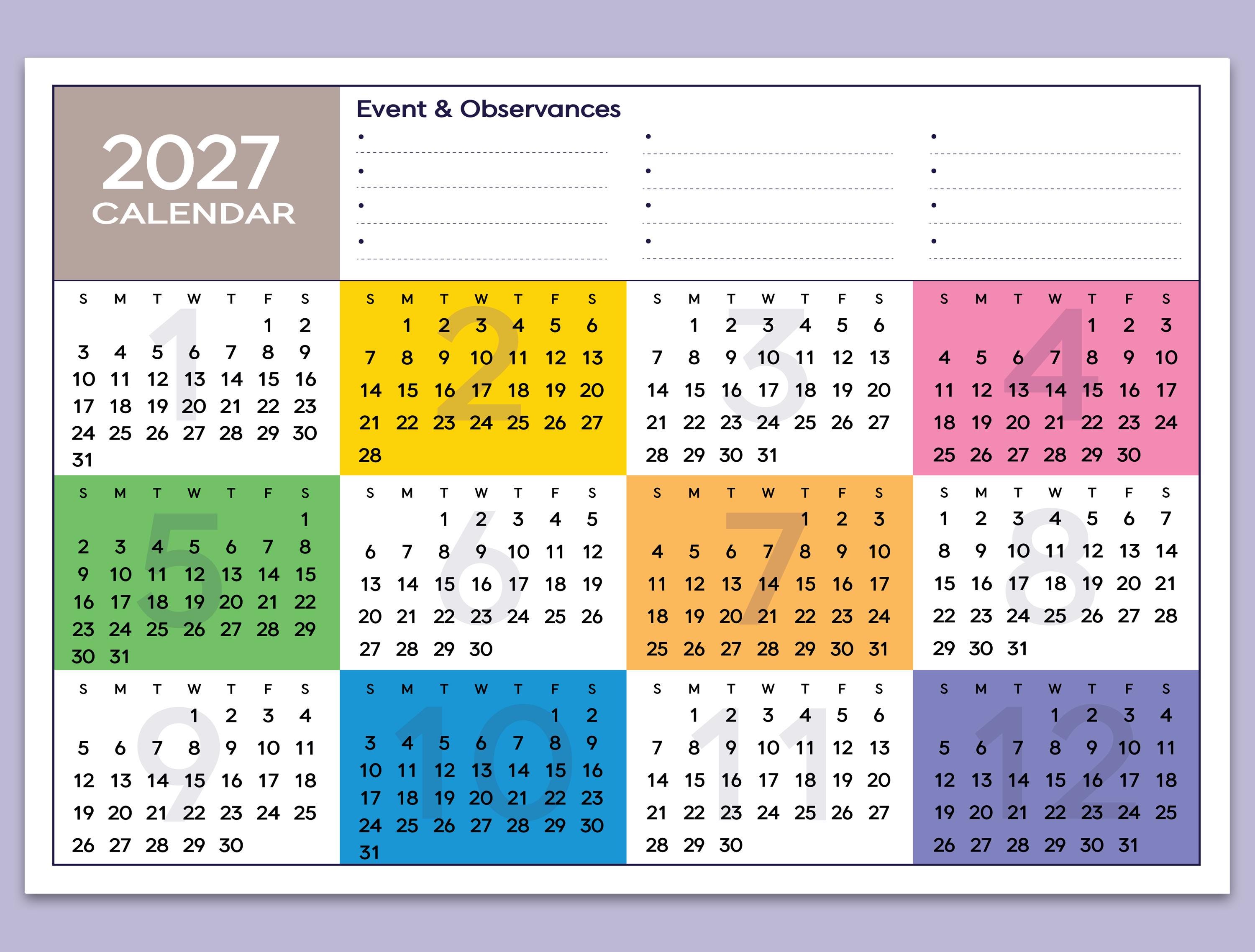 Colorful 2026-2027 Calendar – Printable Year At-a-glance (PDF Download ...