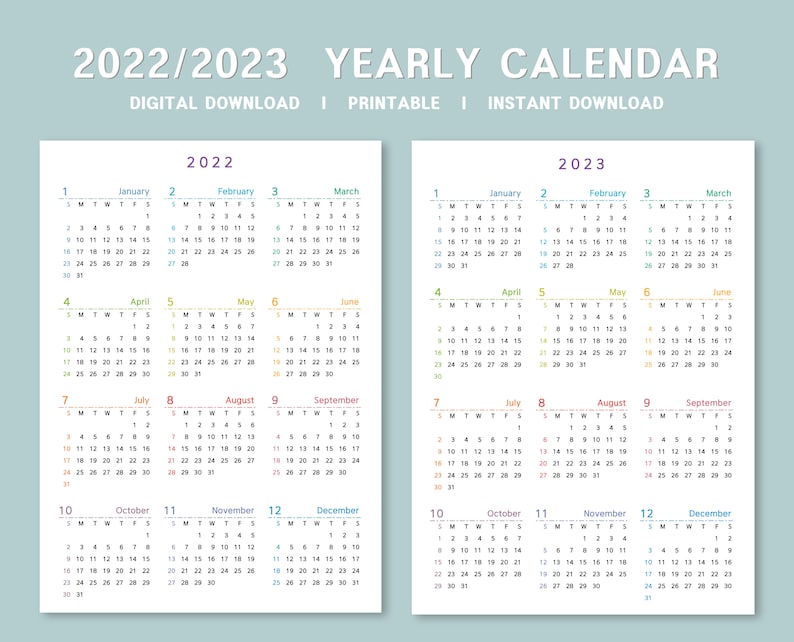 Printable, 2022-2023 Yearly Calendar, Minimalist Calendar, Simple ...
