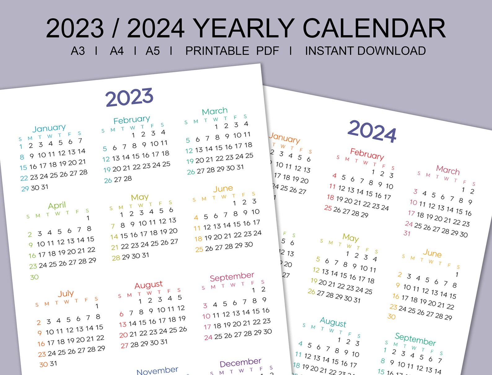 2023 Calendar Printable, 2023 Yearly Calendar, Year at a Glance ...