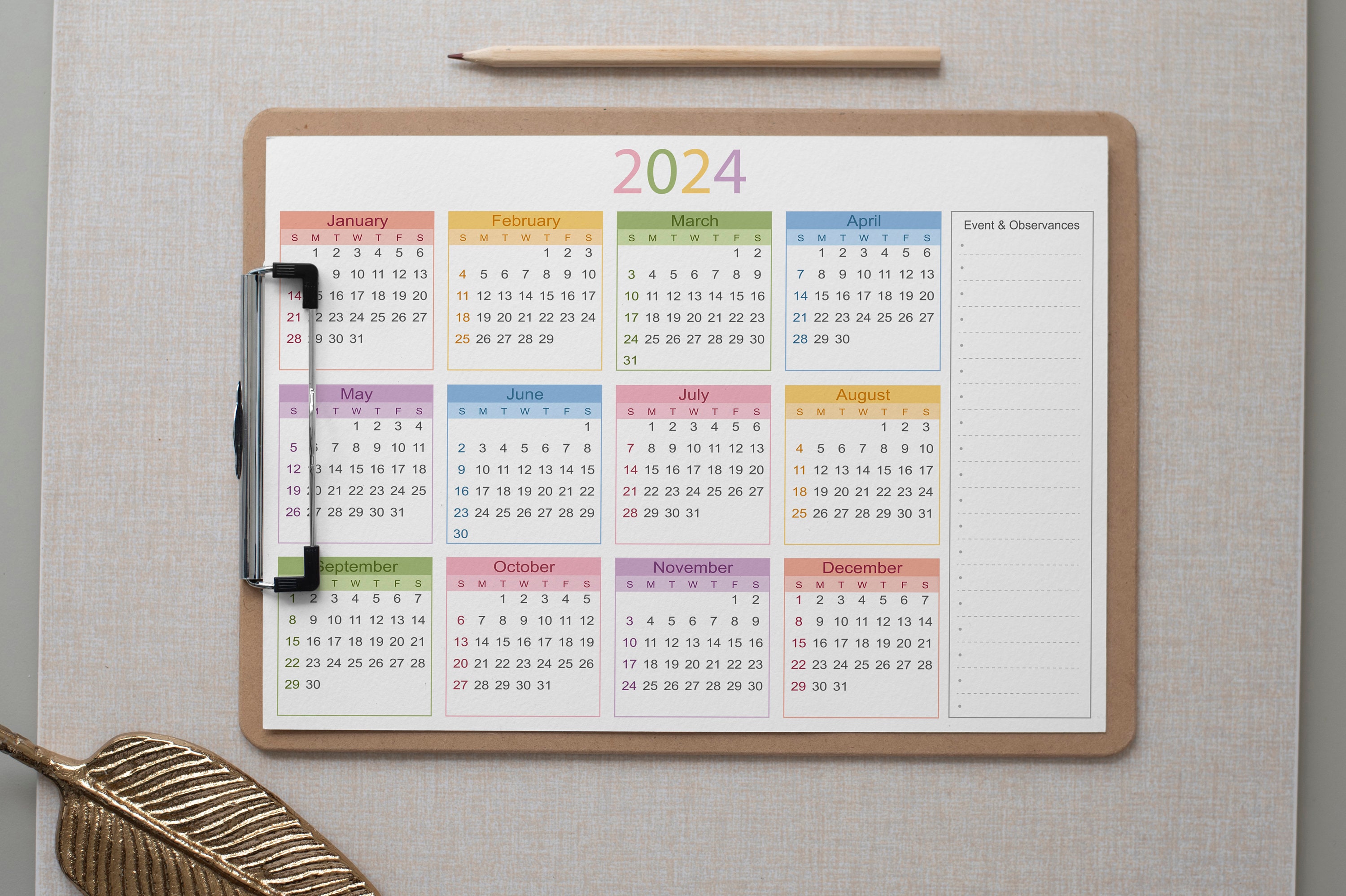 2024 Calendar Printable, Yearly Calendar,one Page Calendar, Year at a ...