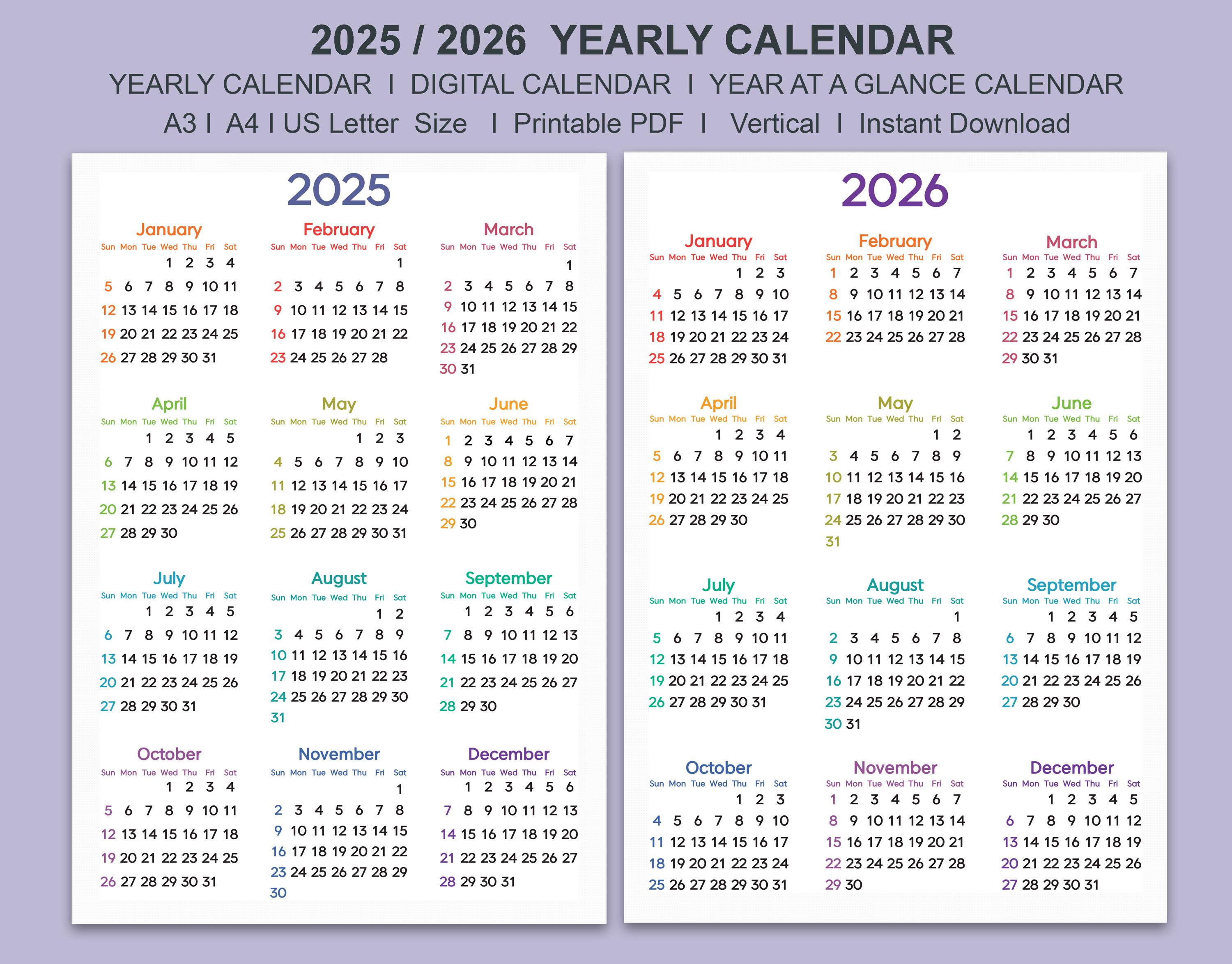 2025-2026 Yearly Calendar, Minimalist One Page (digital Download) - Etsy