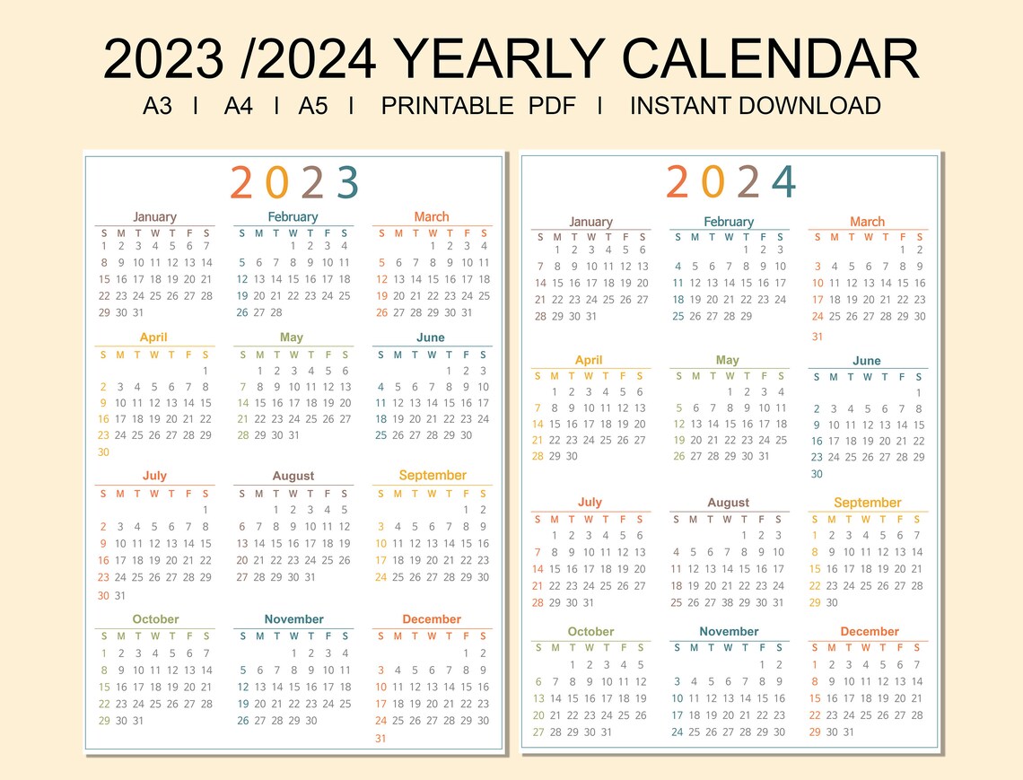 2023 Yearly Calendar Printable, 2023 Yearly Calendar, Year at a Glance ...