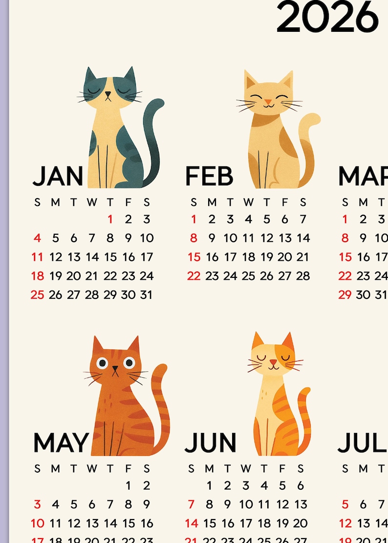 2026 Cat Calendar | Printable Wall Art, Cat Lover Gift (digital ...
