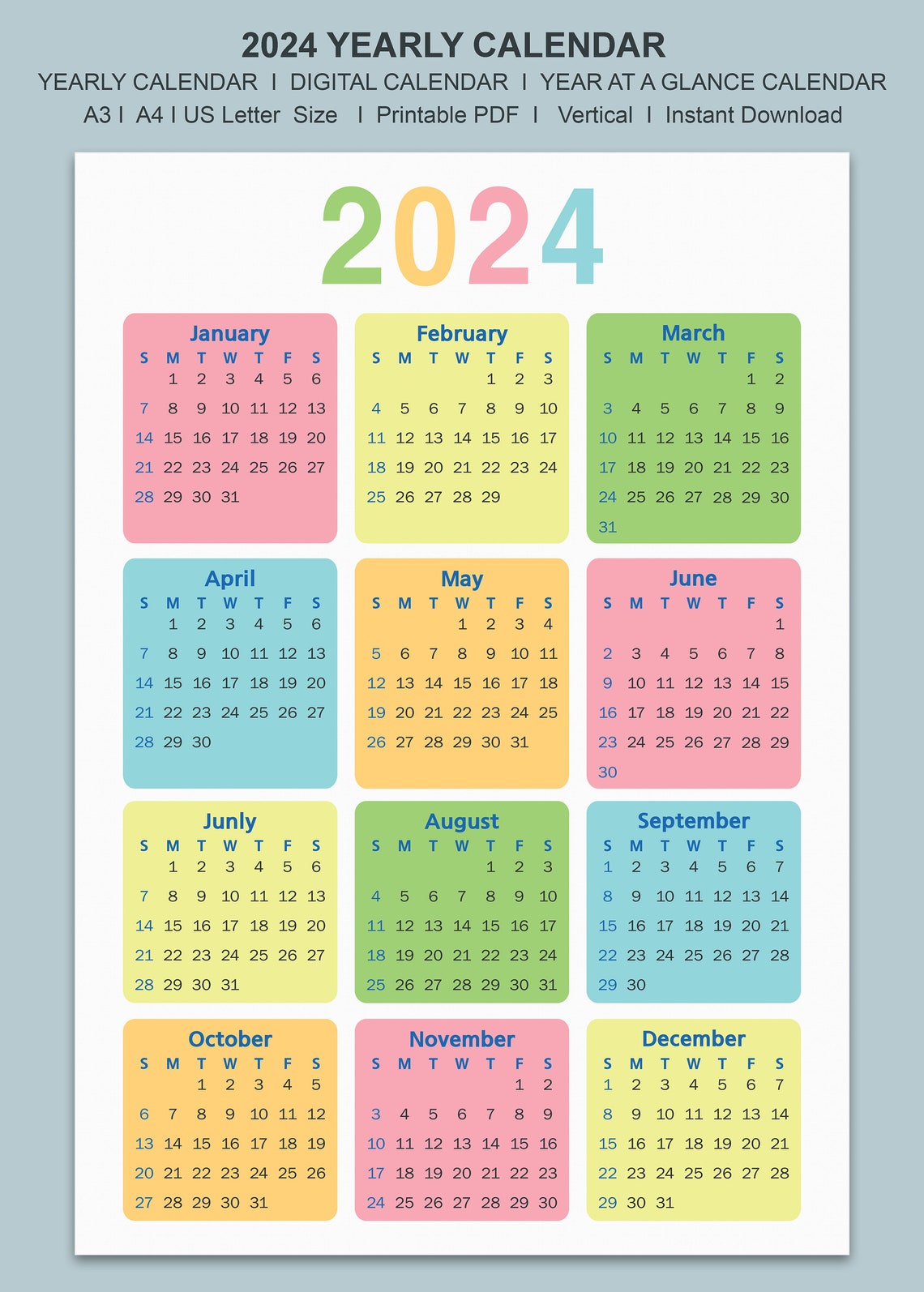 2024 Yearly Calendaryear at a Glance Calendar Digital - Etsy UK