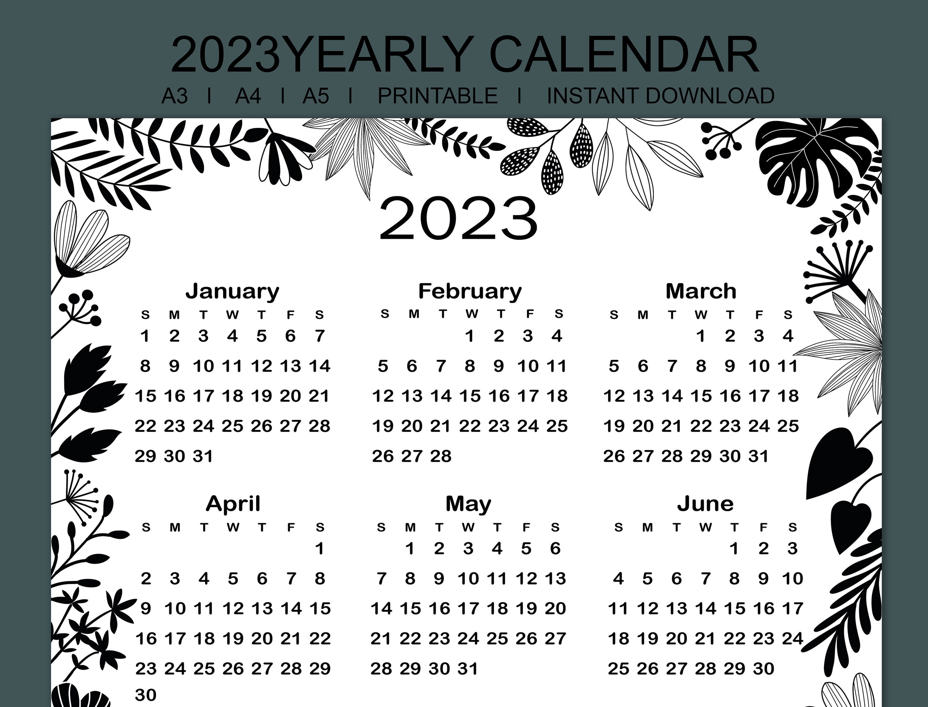 2023 Yearly Calendar Printable, 2023 Yearly Calendar, Year at a Glance ...