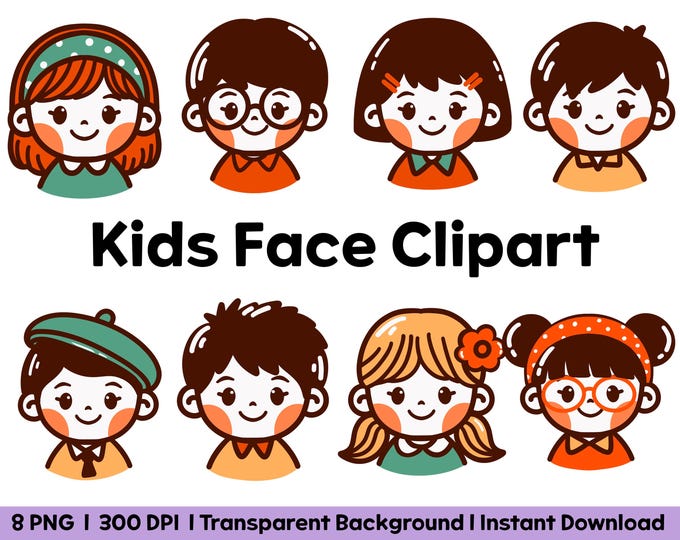 Set of Cartoon Multiethnic Children Faces Png Clipart. Smiling Kids ...
