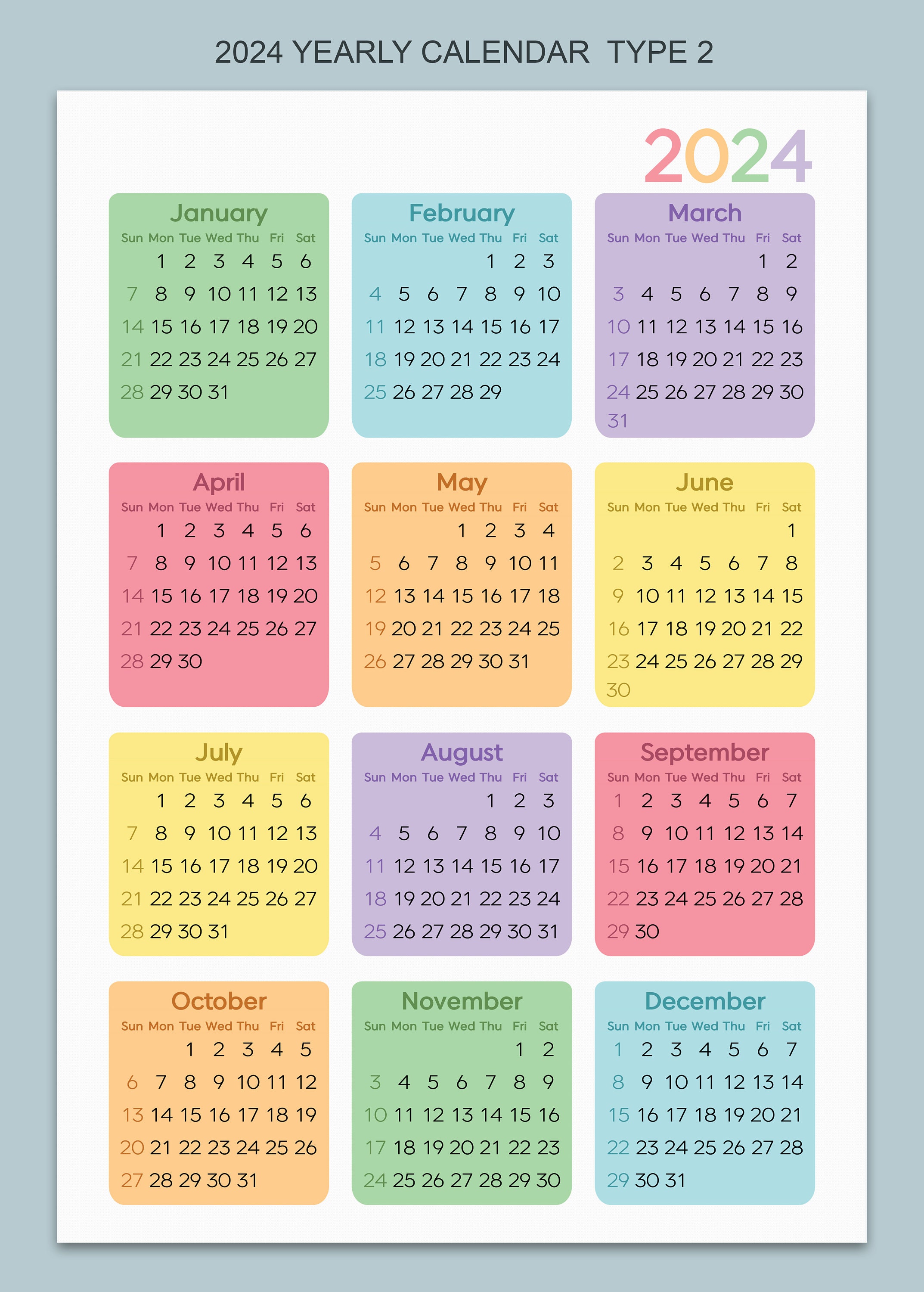 2024 Yearly Calendar, 2024 Calendar, Year at a Glance Calendar, Digital ...