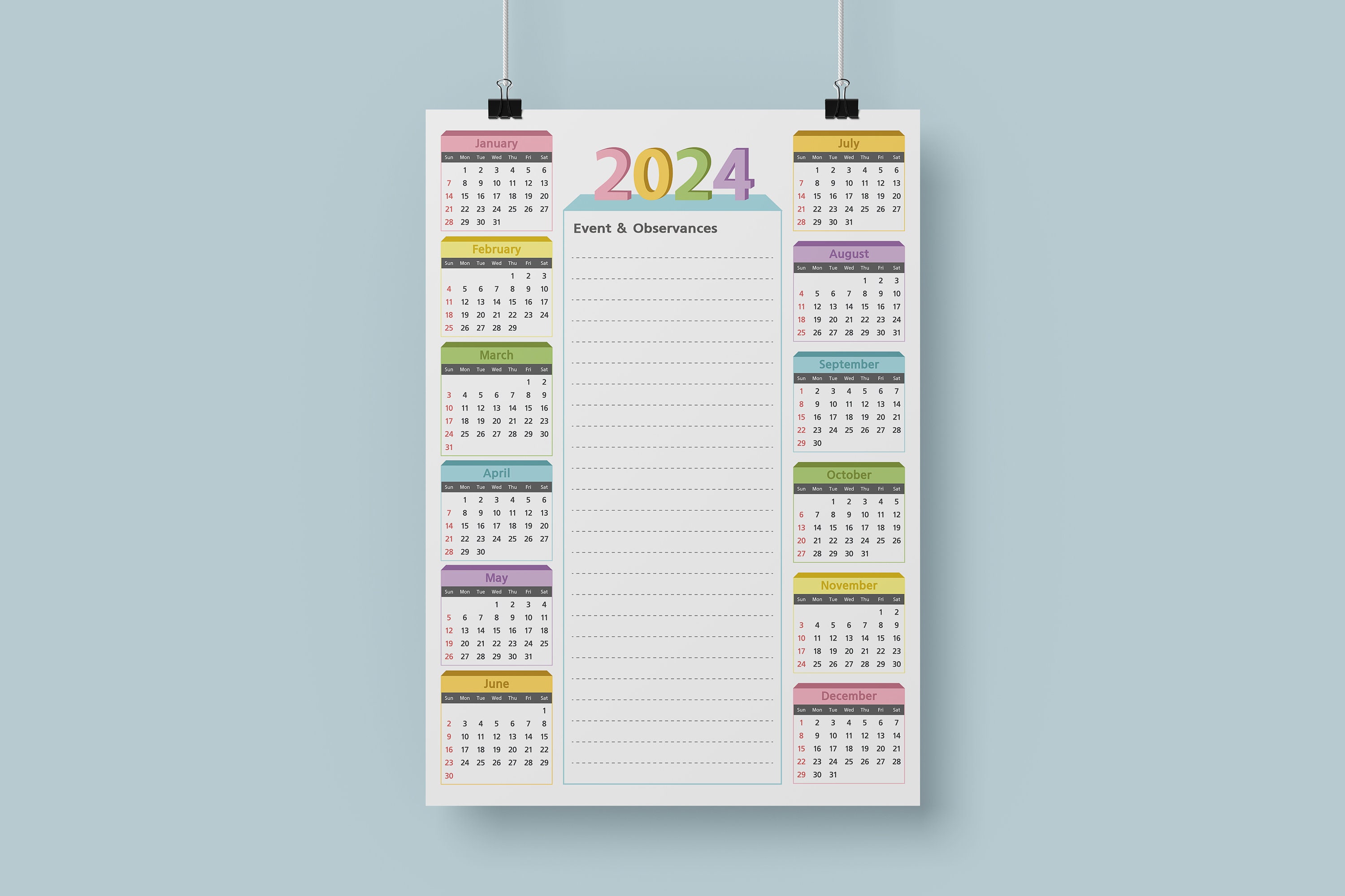 2024 Yearly Calendar,year at a Glance Calendar, Digital Printable ...