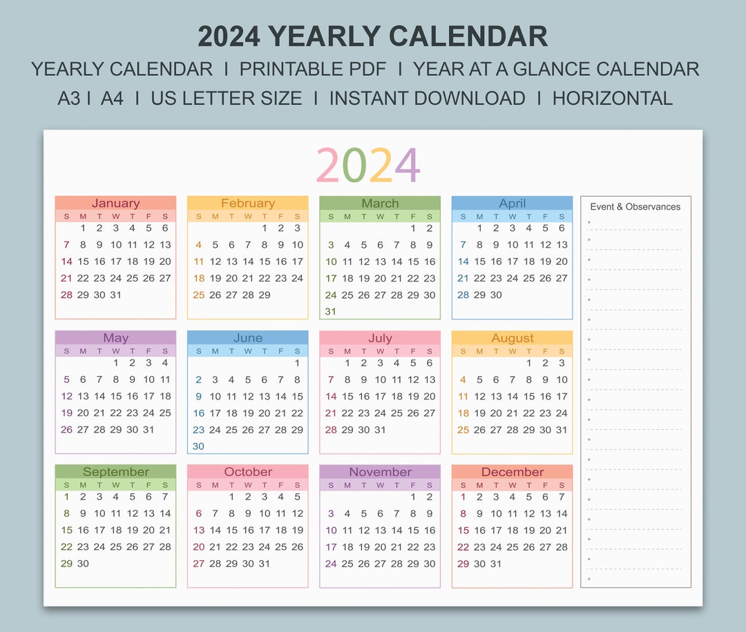 2024 Calendar Printable, Yearly Calendar,one Page Calendar, Year at a ...