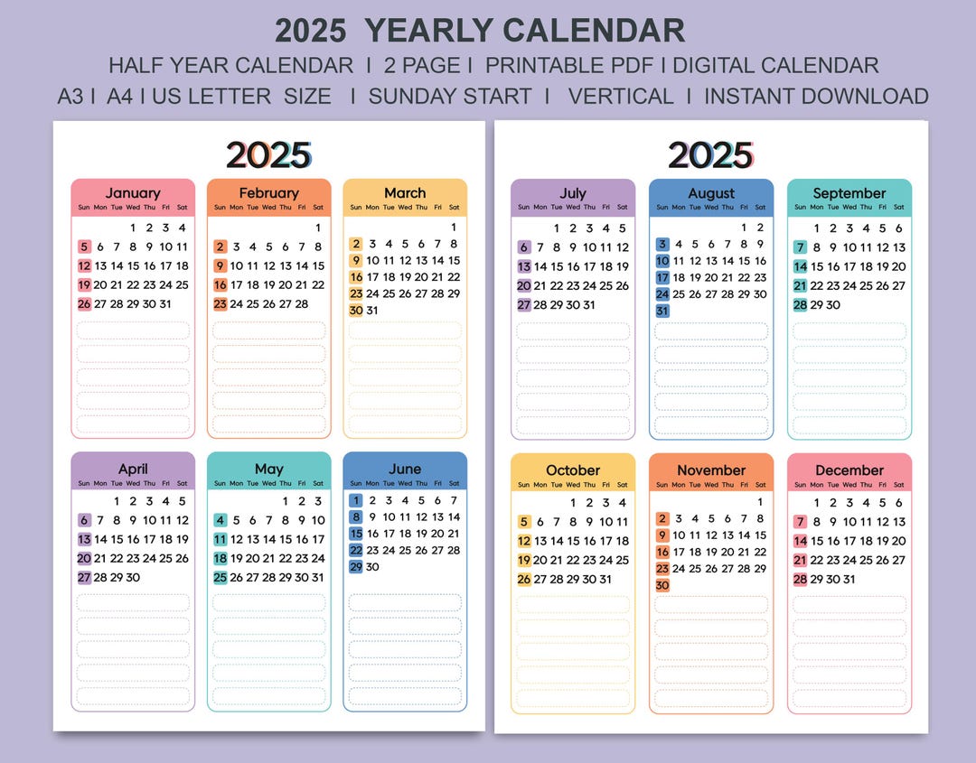 2025 Half Yearly Calendar, Half Calendar, 2 Page, Digital Printable ...