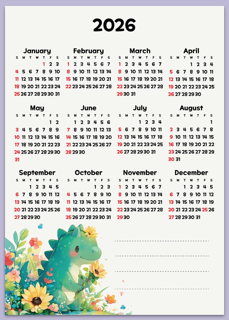 Dinosaur Calendar 2026-2027 | Kids Nursery Decor (digital) | Wall Art ...