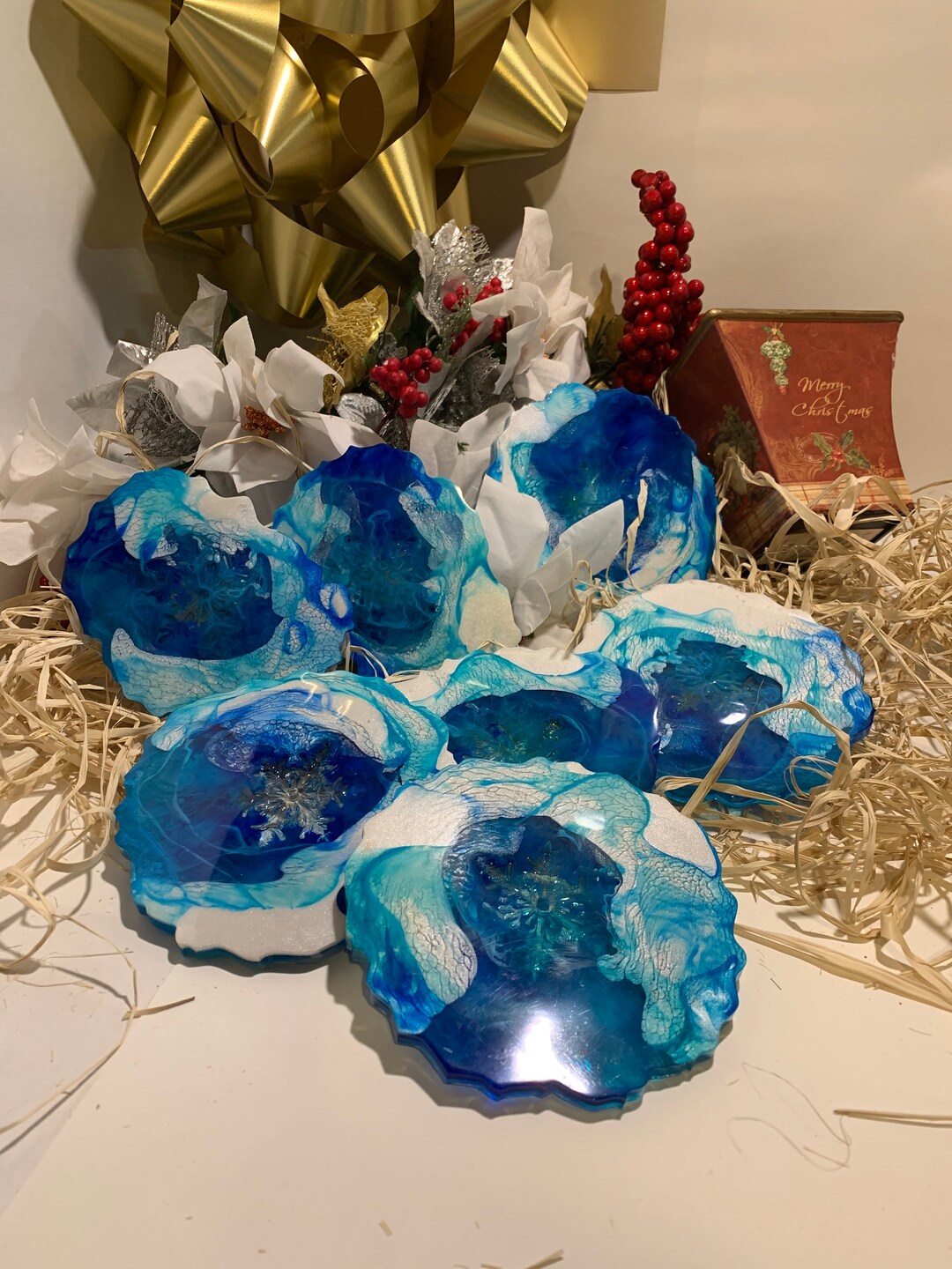 7 Ice Blue Snowflake Geode Coasters - Etsy