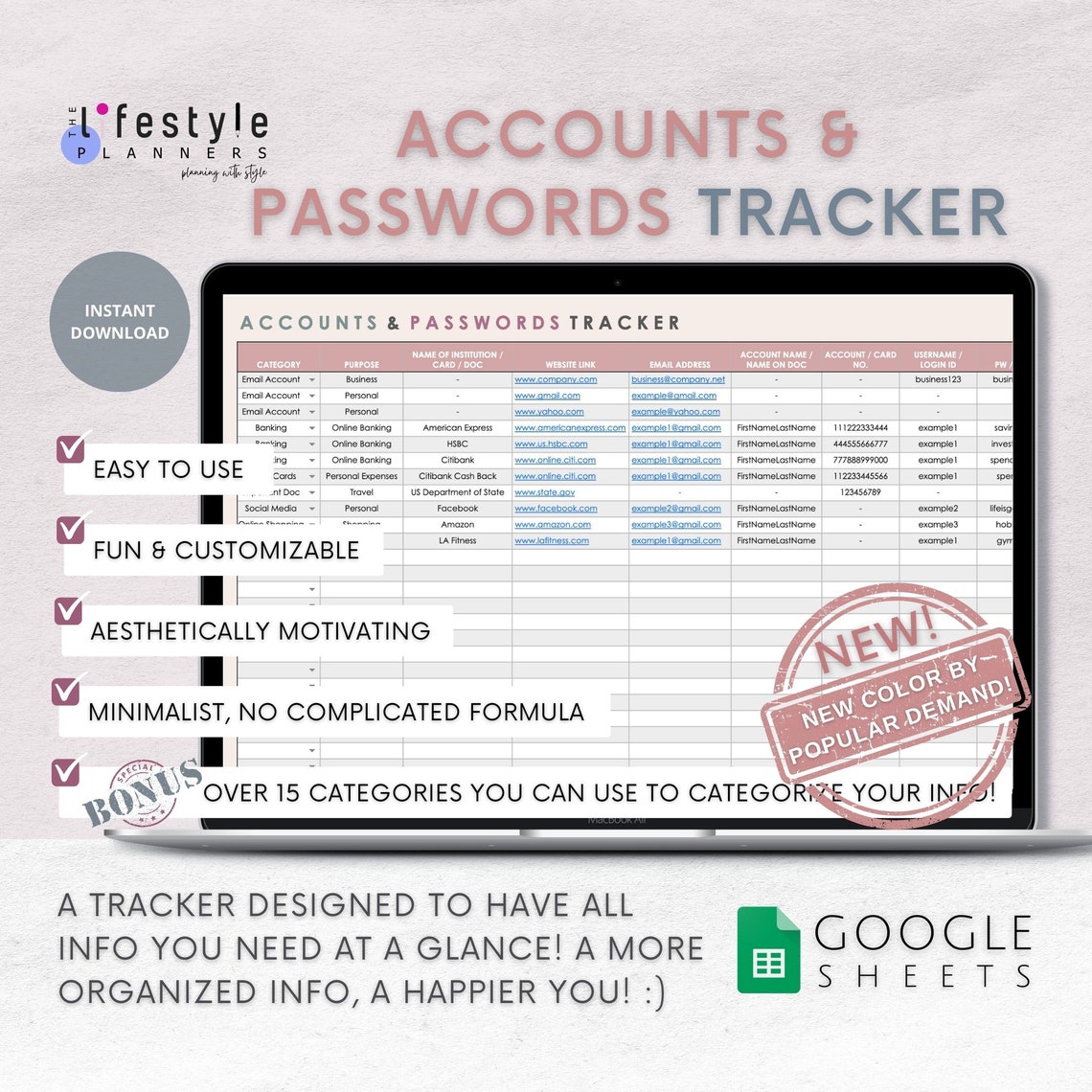 Accounts & Password Tracker All-in-one Google Sheets Template, Password ...